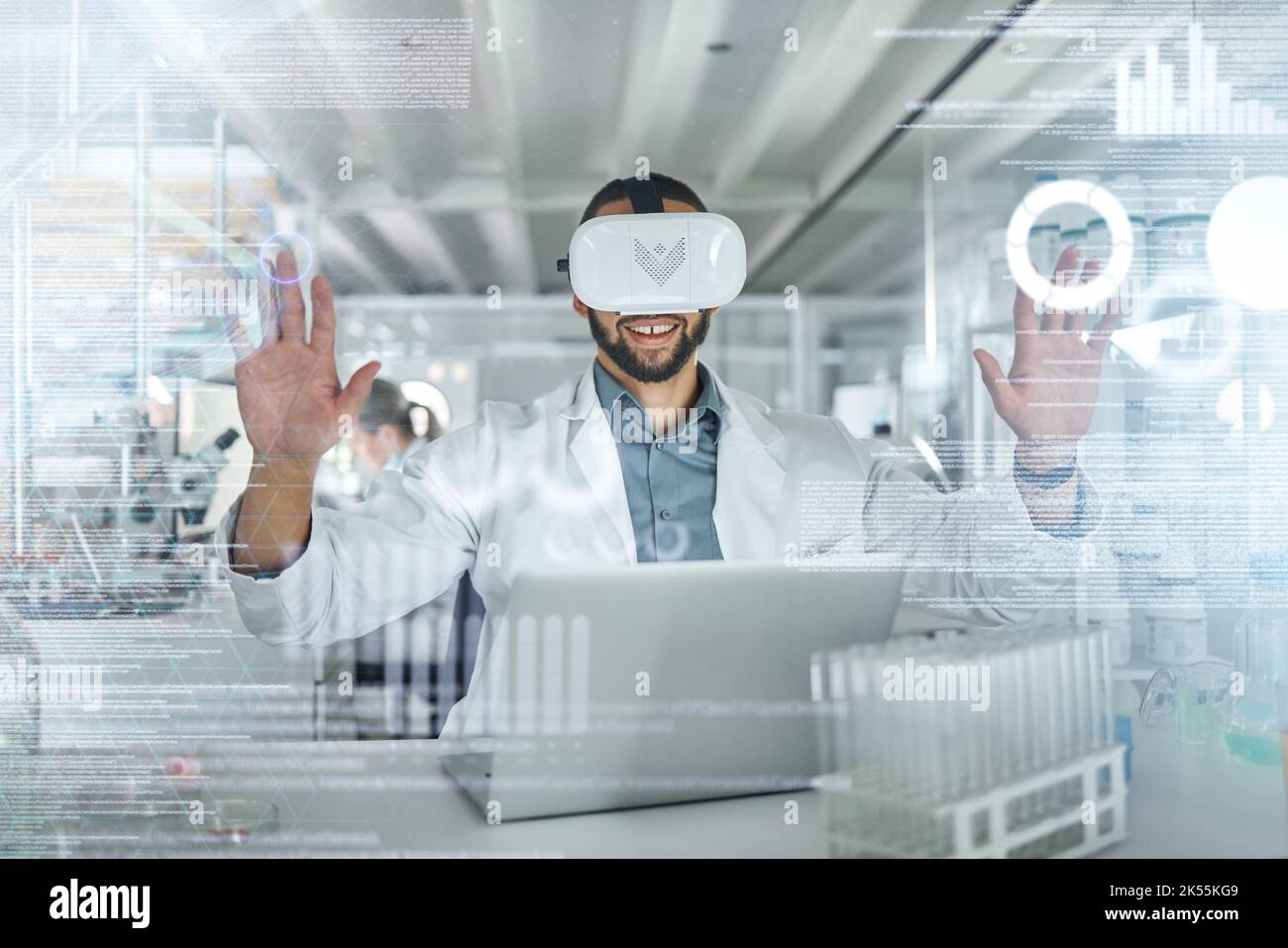 Virtual reality, ui and scientist man in metaverse for research with ...