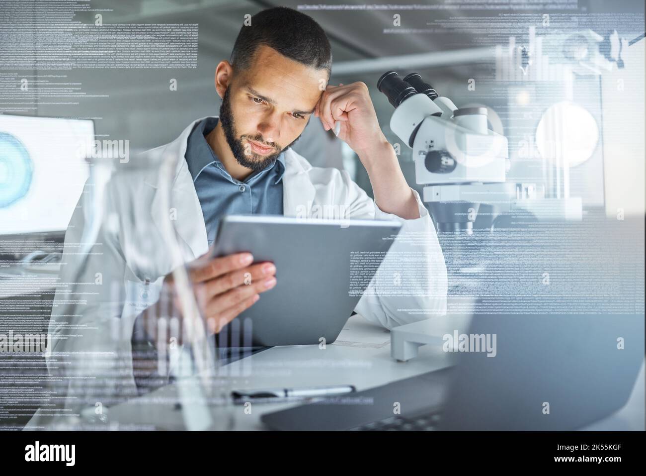 Science, research and tablet with a man engineer working in his ...