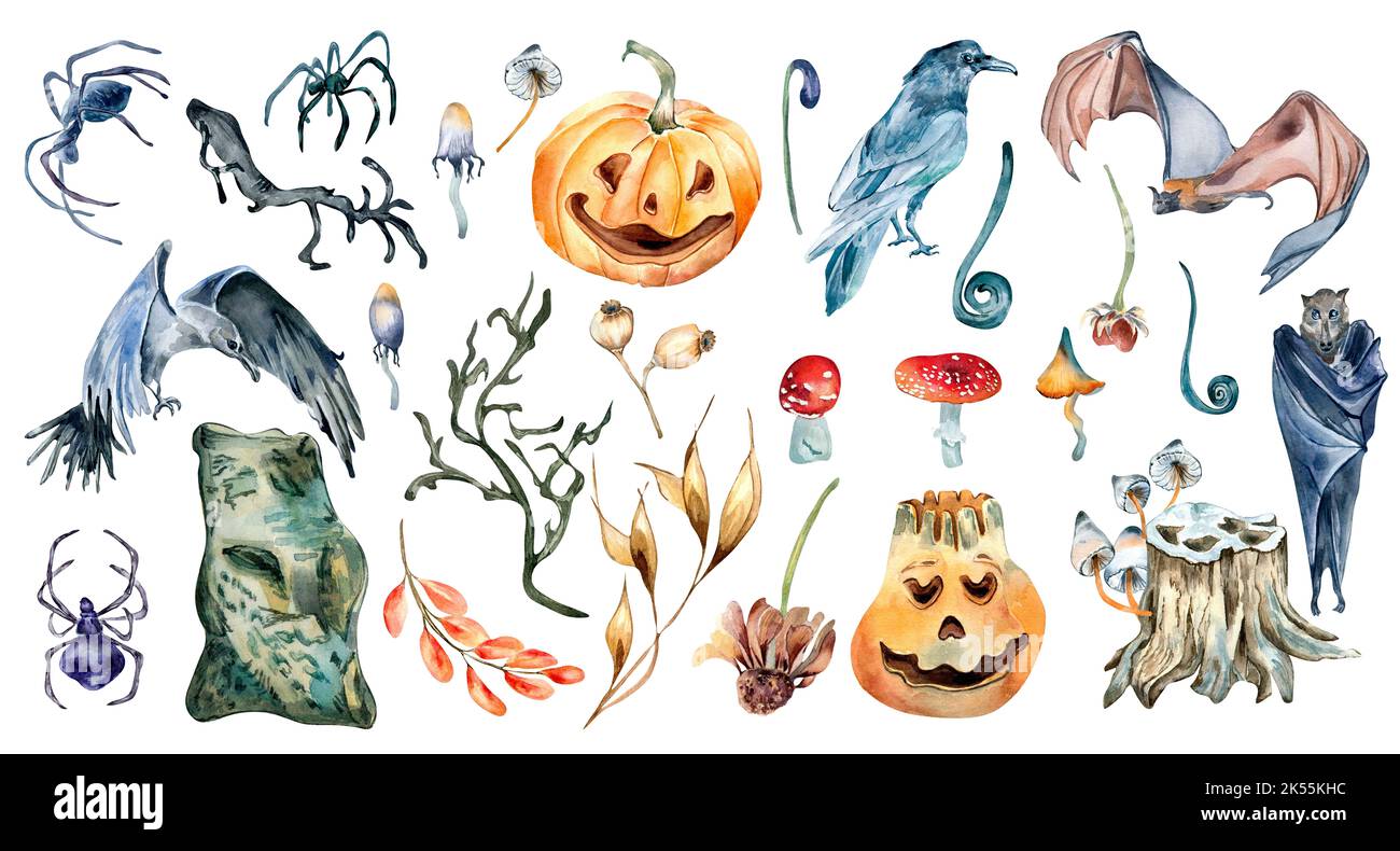Clipart of Halloween symbols watercolor illustration isolated on white ...