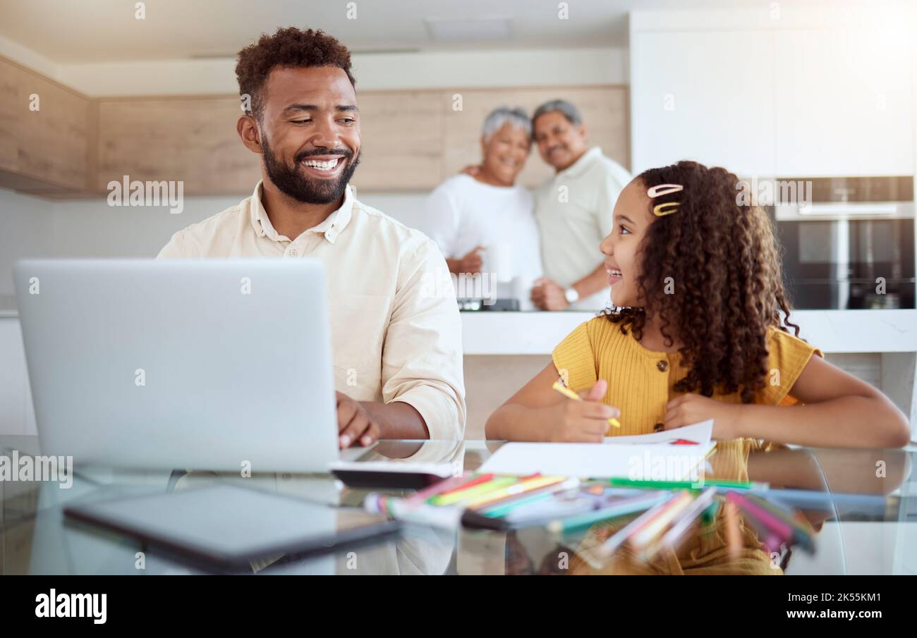 Education, learning and father and child on laptop, distance learning ...