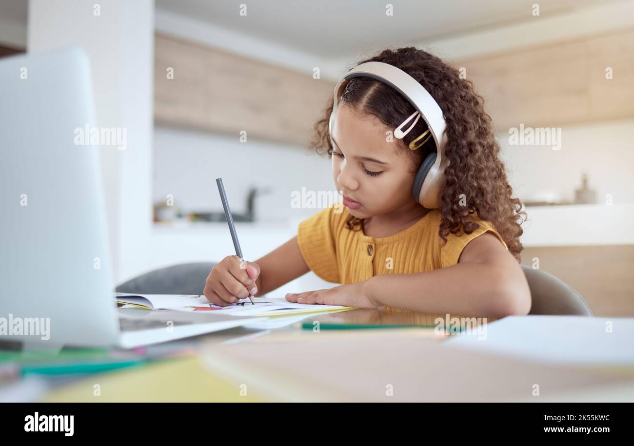 Children, education and writing with a girl student distance learning ...