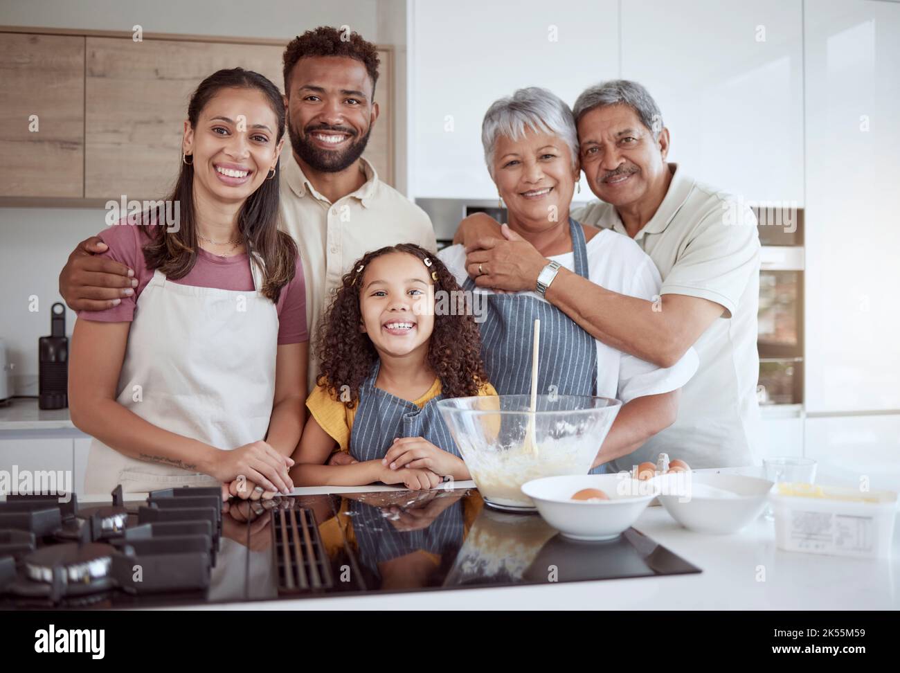 Cooking, family bond portrait or girl in kitchen for breakfast food or ...