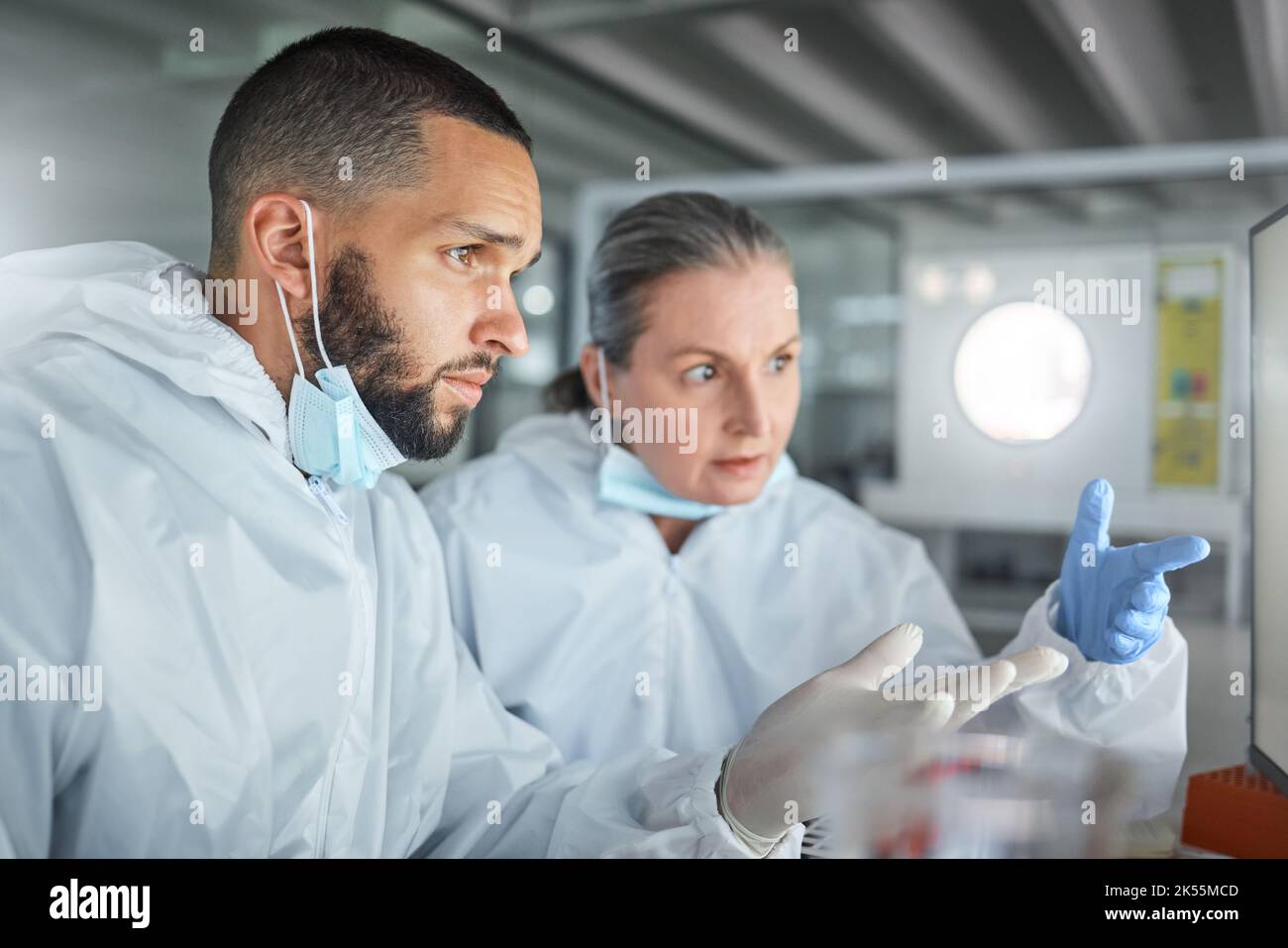 Laboratory, teamwork and hands with science worker in collaboration at ...