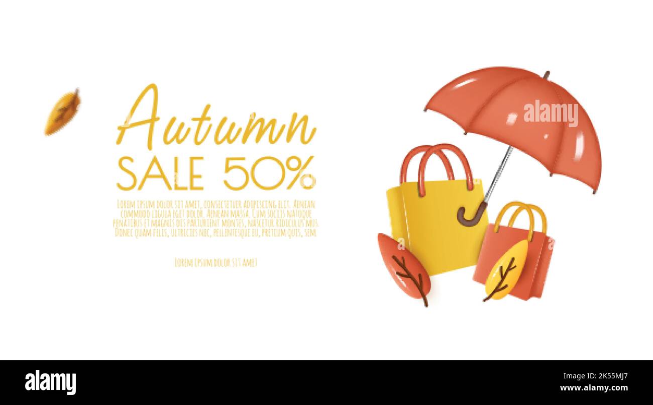 Autumn sale flyer template. Bright fall leaves with umbrella, shopping ...