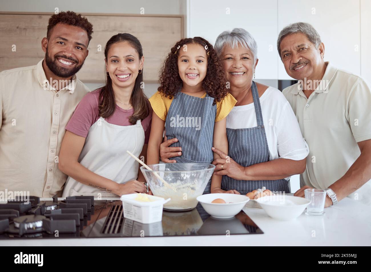 Family portrait, cooking and girl bonding in kitchen for dessert ...