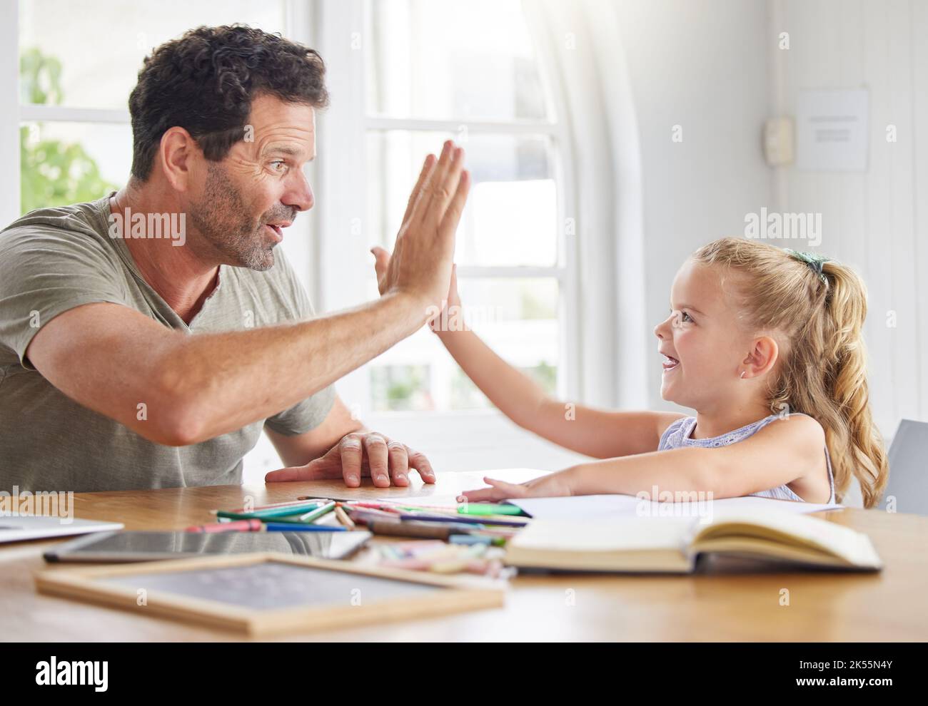 Education, learning and high five for girl in support of success and ...