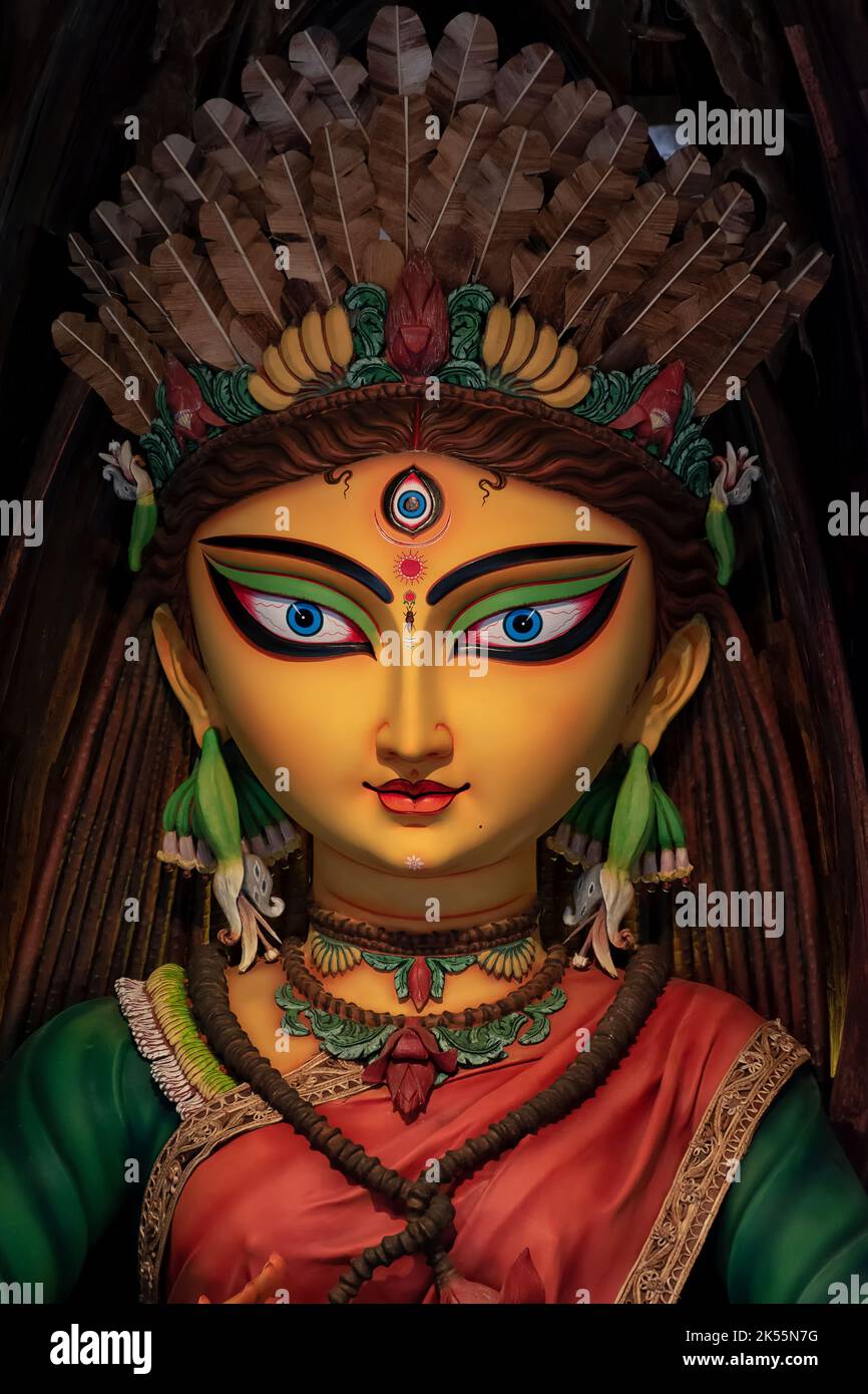 Goddess Durga devi idol decorated at puja pandal in Kolkata, West Bengal, India. Durga Puja is ...