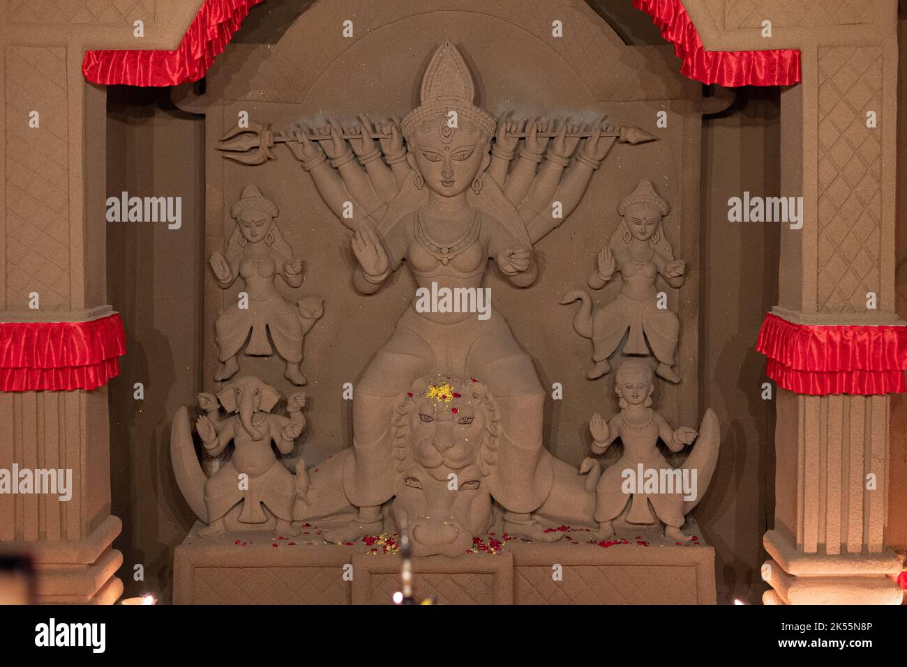 Goddess Durga devi idol decorated at puja pandal in Kolkata, West ...