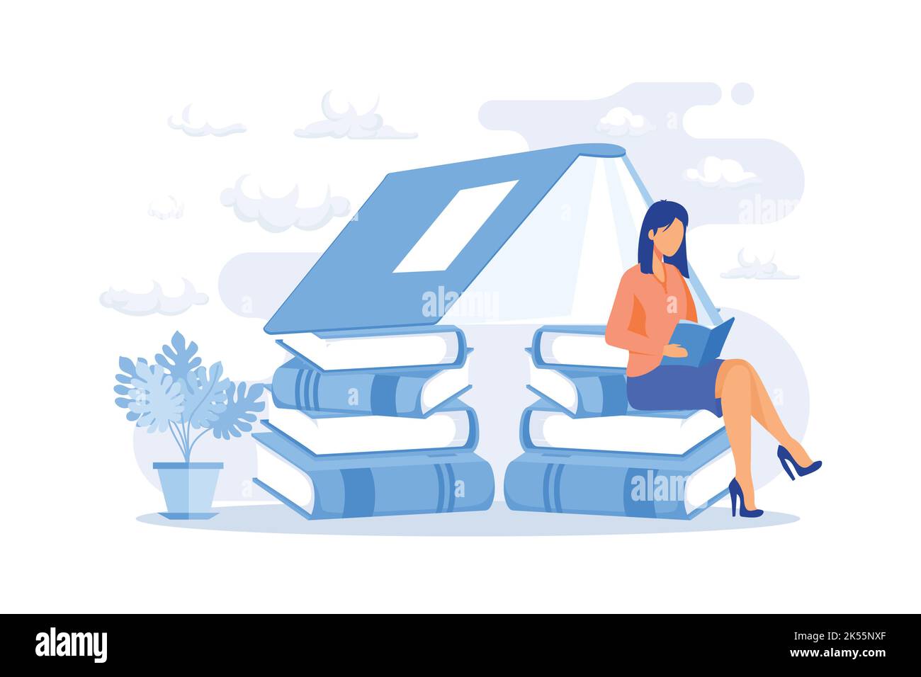 Woman reading in library. Stack of books. Sitting rest, useful leisure ...