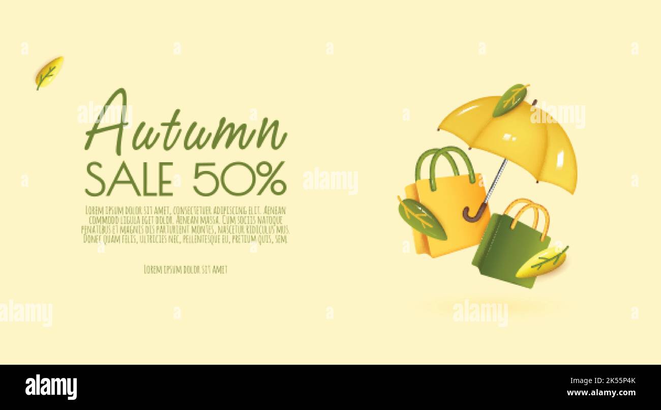 Autumn sale flyer template. Bright fall leaves with umbrella, shopping ...