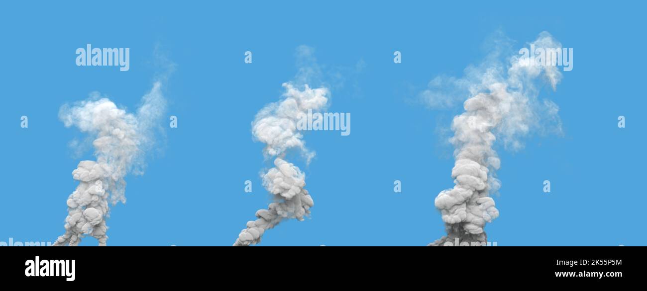 3 grey carbon dioxide smoke columns from wildfire on blue, isolated ...