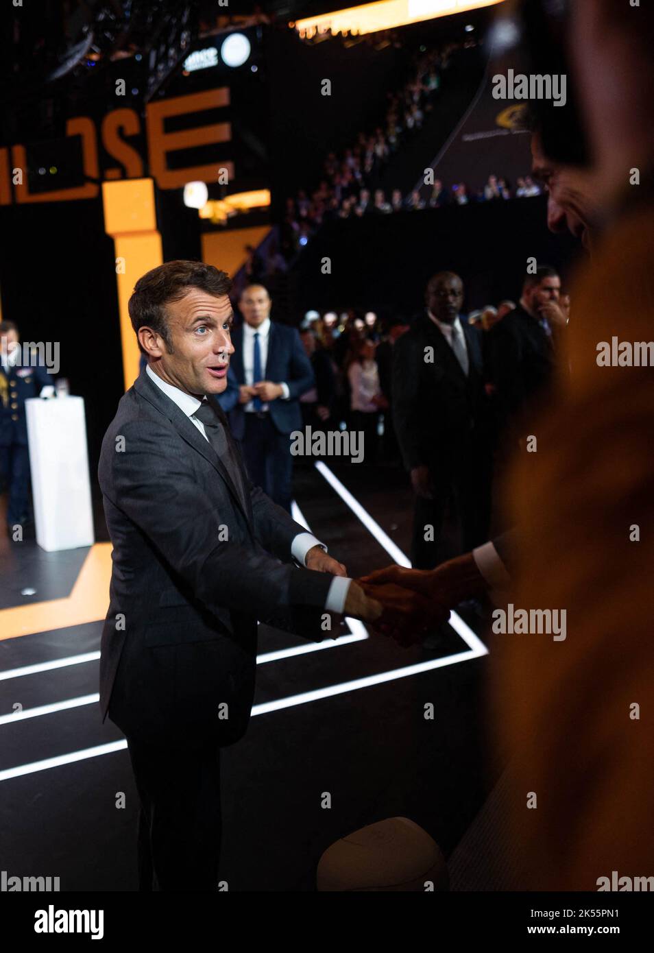 President Emmanuel Macron speaks during the annual tech conference ...