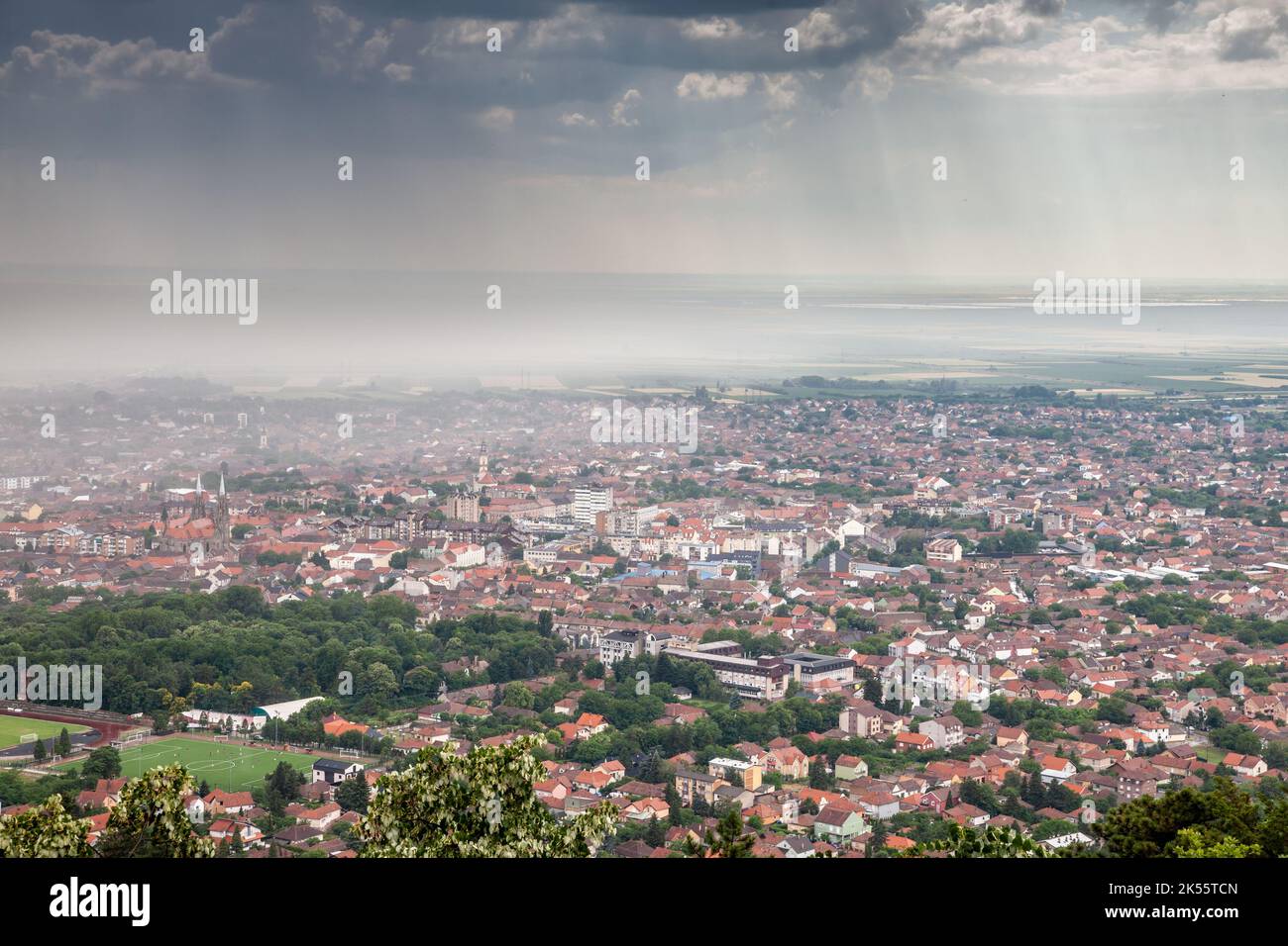 Picture of the city of Vrsac seen from above during a rainstorm, cloudy ...
