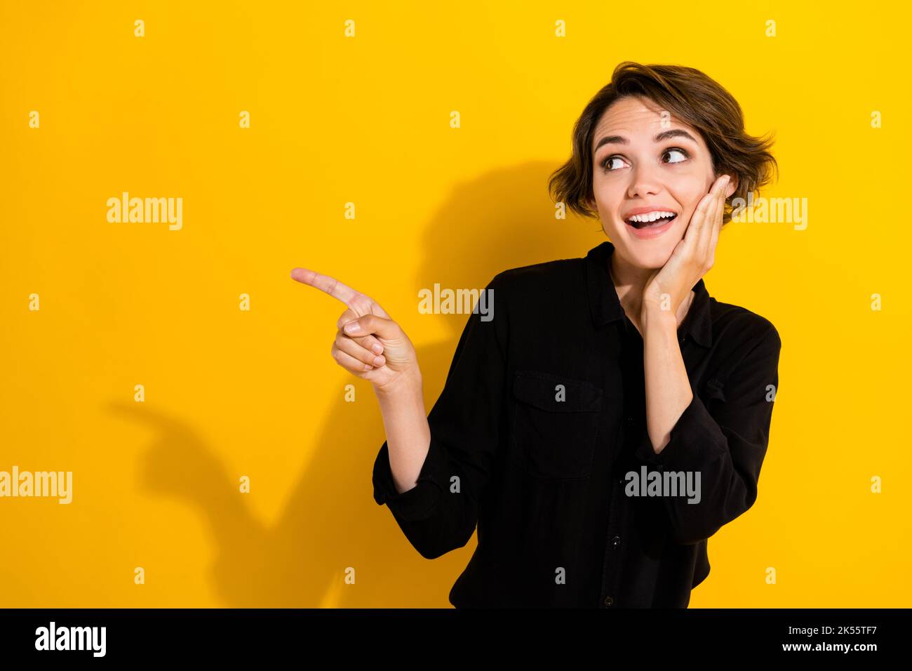 Photo of funky young short hair lady look promo wear black shirt ...