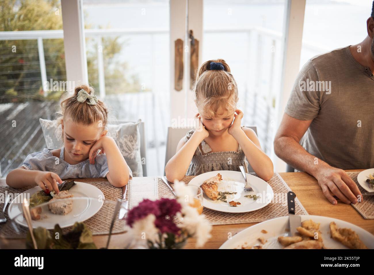 Picky eating kids frustrated with lunch food, fussy at dinner table and ...