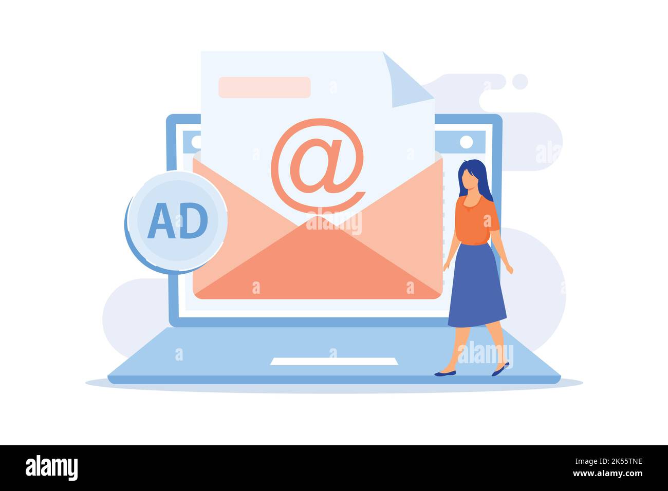 Spamming, email spam. Girl cartoon character getting unsolicited ...