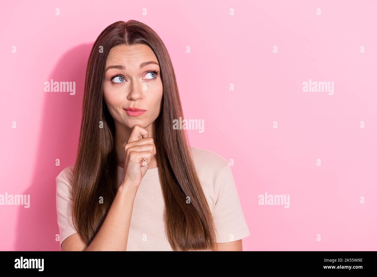 Closeup photo of young adorable funny dreamy smart woman minded look ...