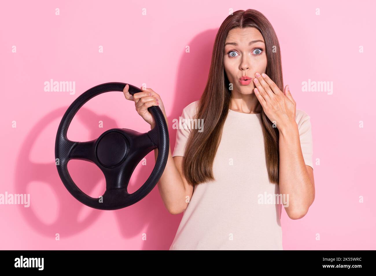 Photo of charming funny positive cute astonished woman touch cheeks ...