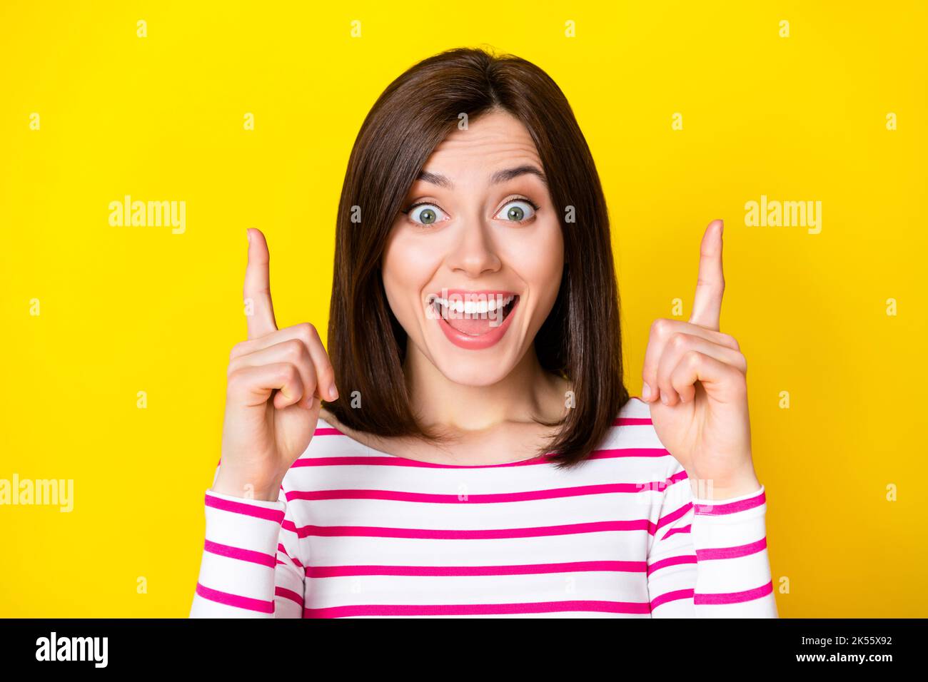 Closeup photo of young attractive woman directing fingers up click link ...