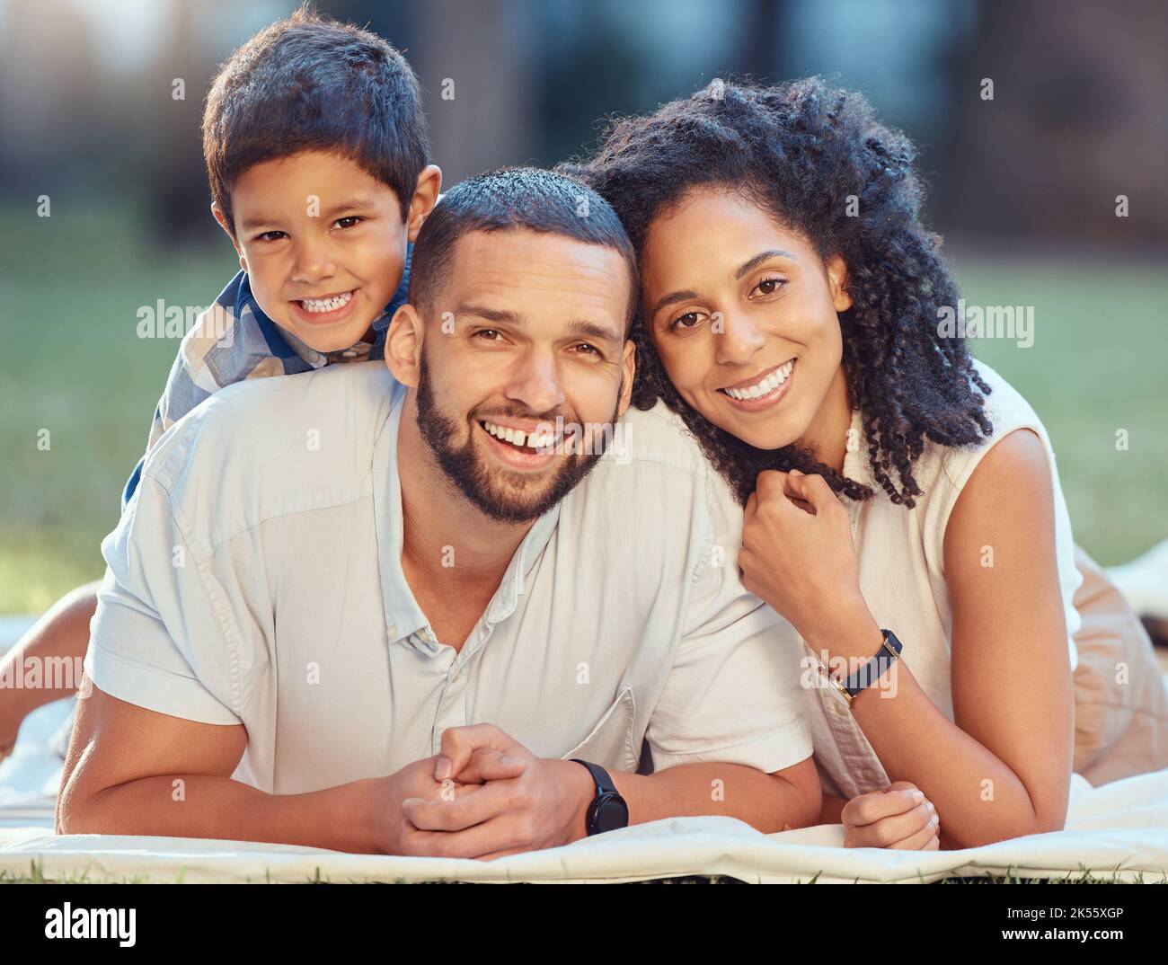 Garden, picnic and happy family portrait relax in nature, bond on ...