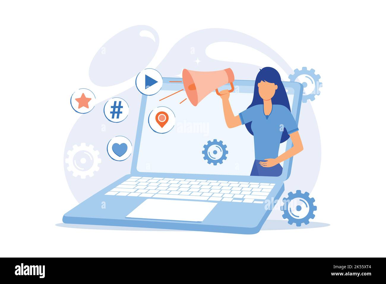 Internet marketing. Girl with loudspeaker making announcement ...