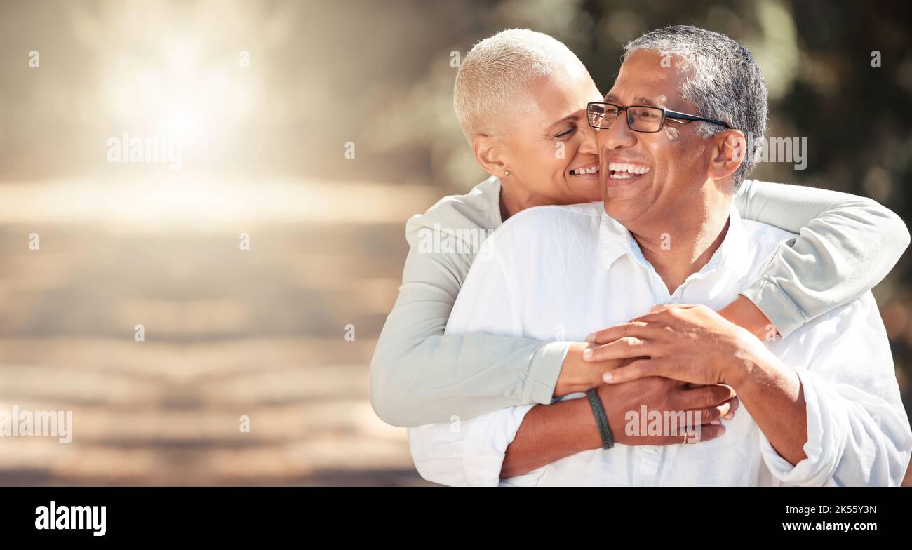 Happy, love and relax with old couple in park and hug together for ...