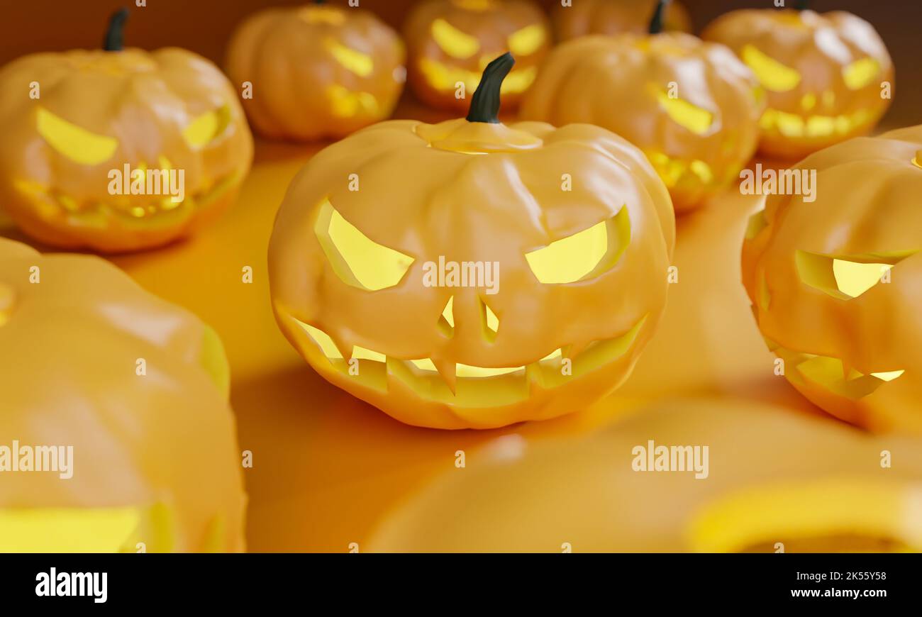 Jack-o-lantern pumpkins in orange background, rendered 3d model ...