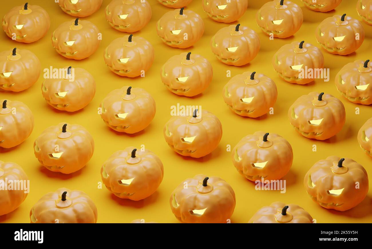 Jack-o-lantern pumpkins in orange background, rendered 3d model ...