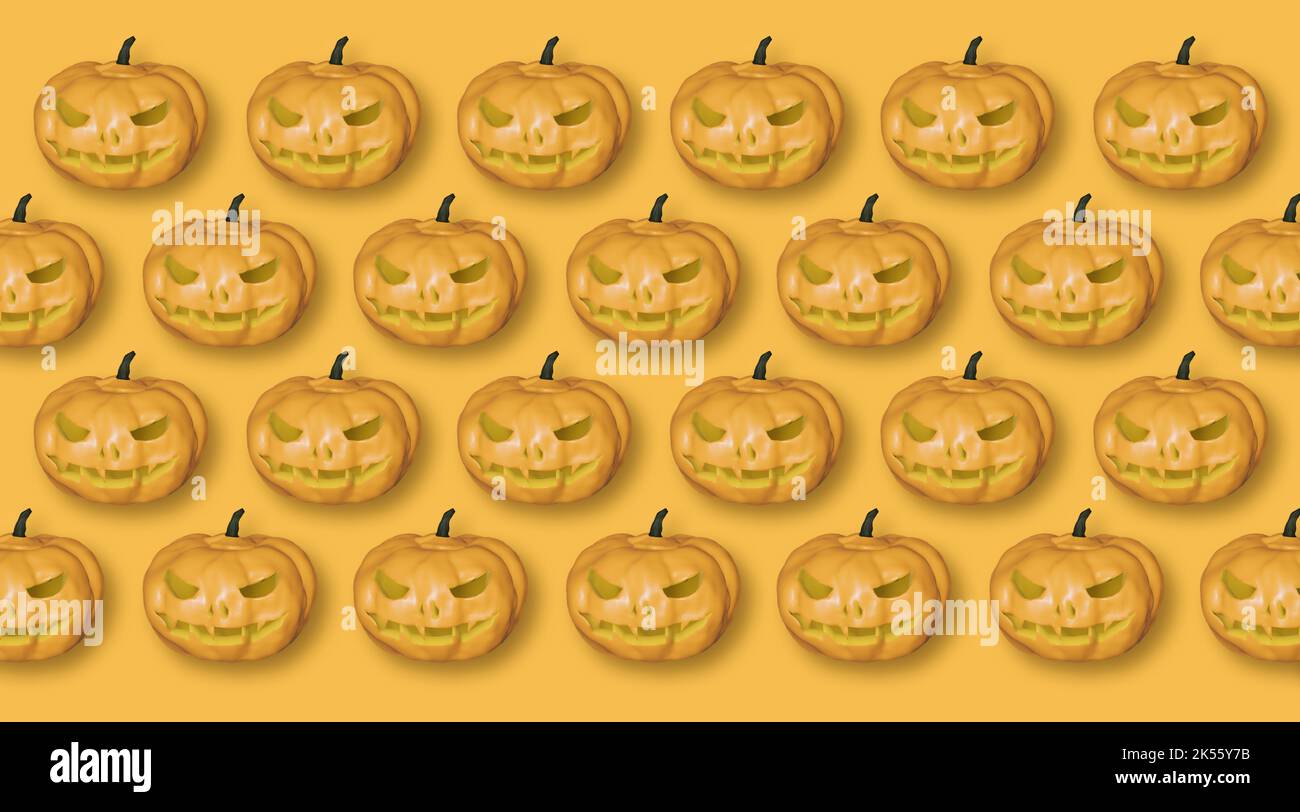 Jack-o-lantern pumpkins in orange background, rendered 3d model ...