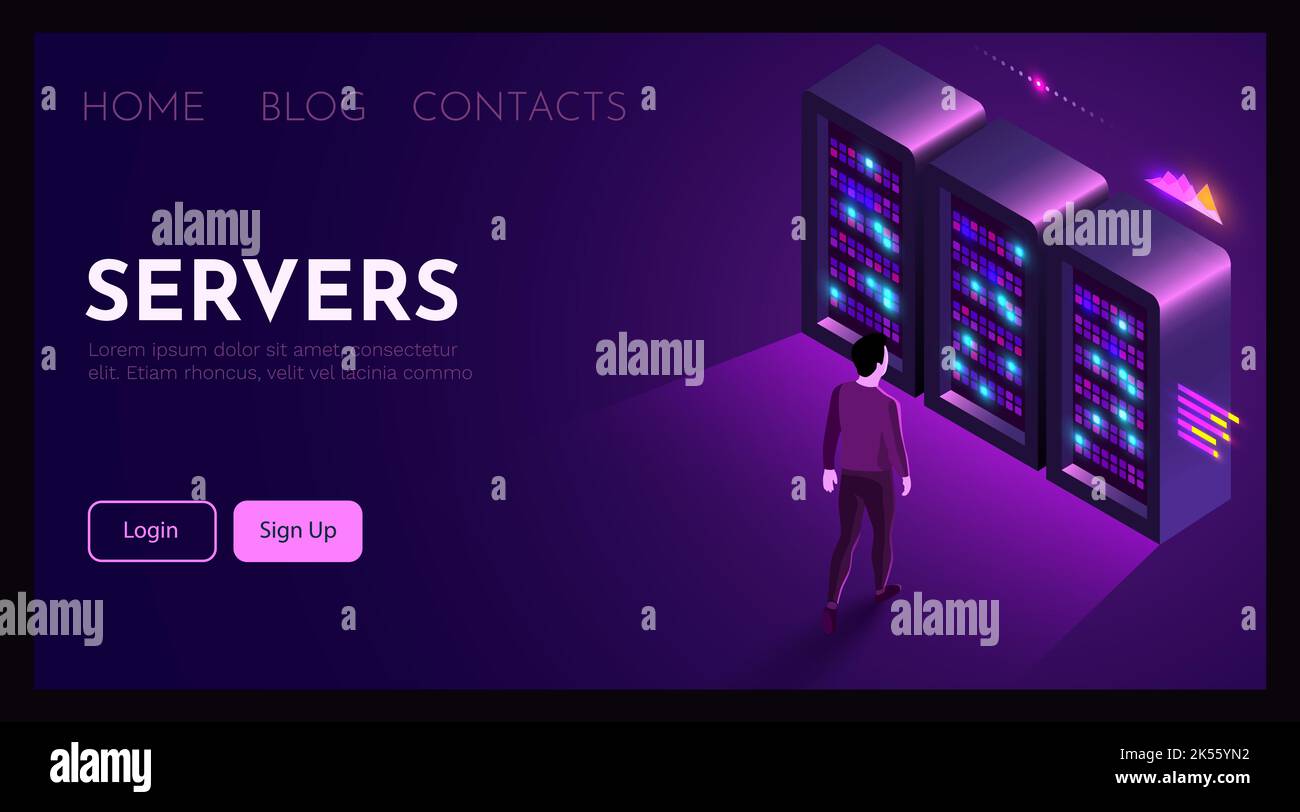 Man stands in front of servers. System administrator concept. Vector ...