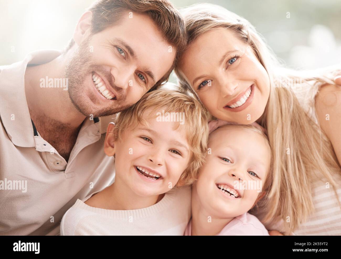 Happy family in a portrait together for summer, outdoor wellness and ...