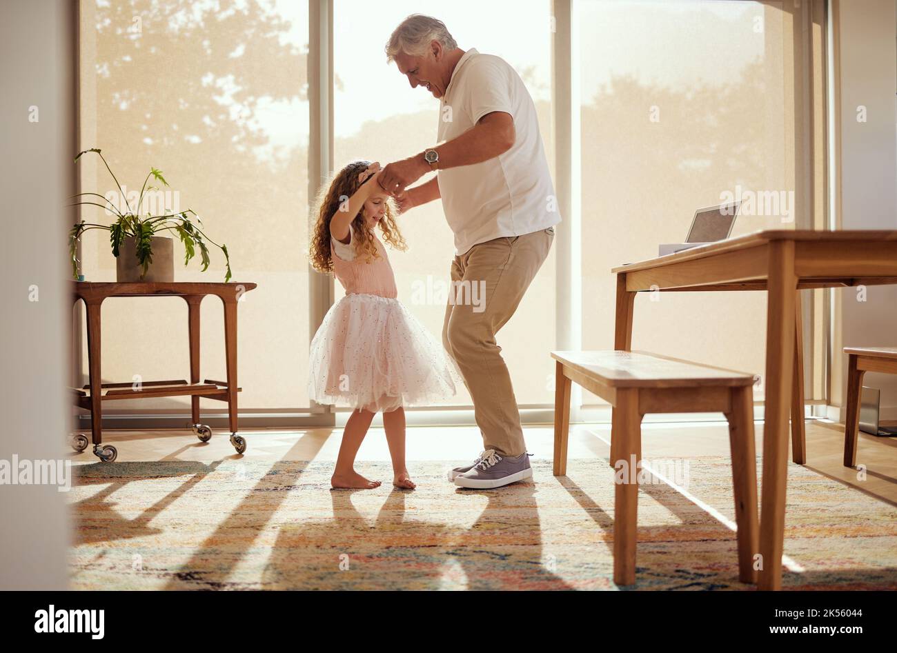 Grandfather, girl and dance holding hands in living room home. Love ...