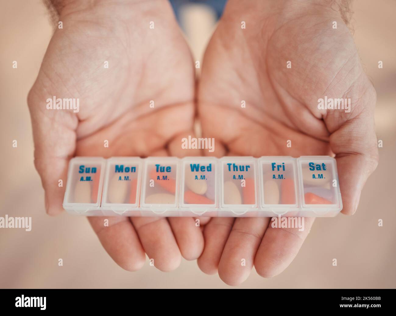 Pills, medicine and container in hands to schedule for health, wellness ...