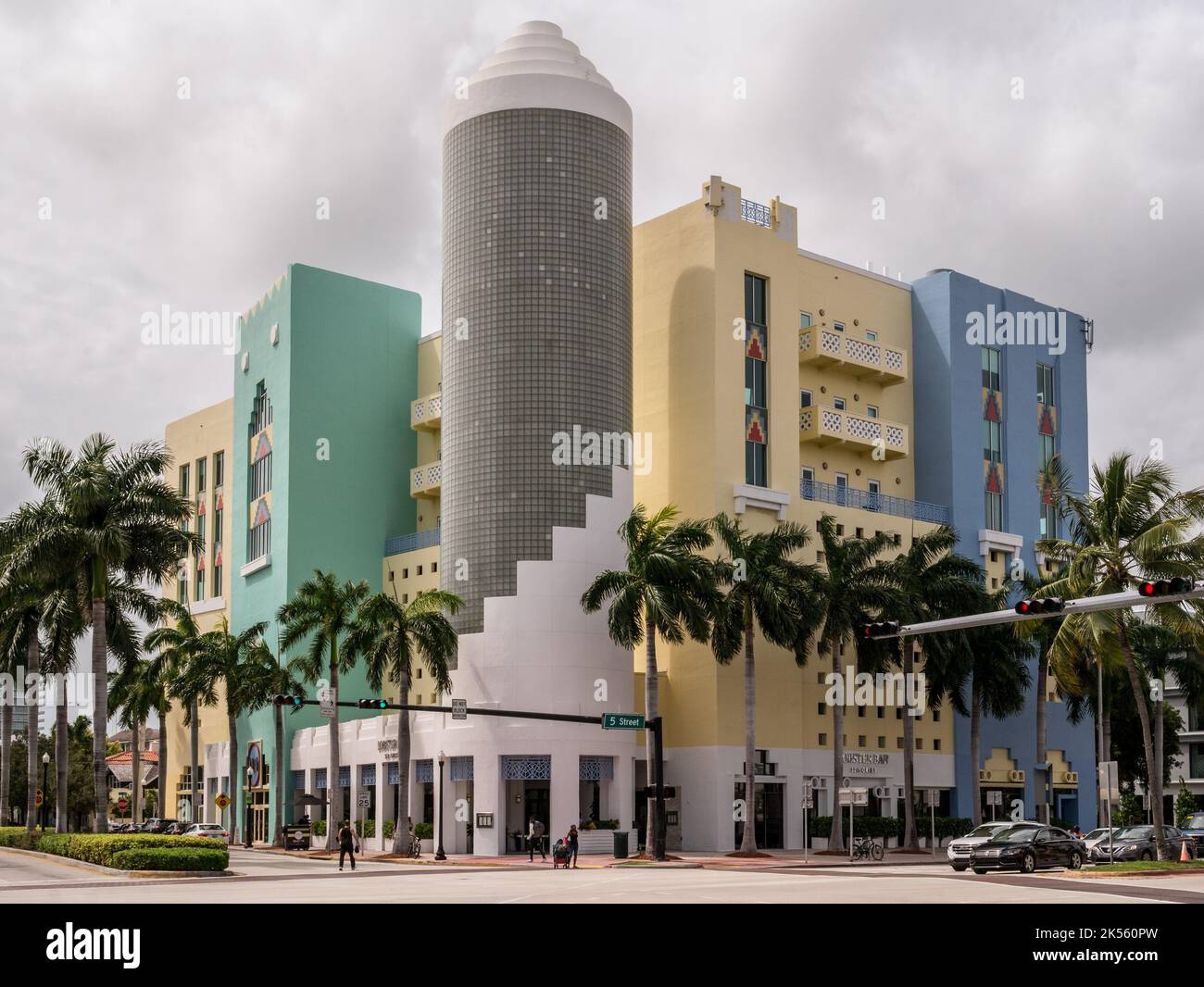 An Art Deco Building colorful mix of light yellow, blue, mint and grey ...