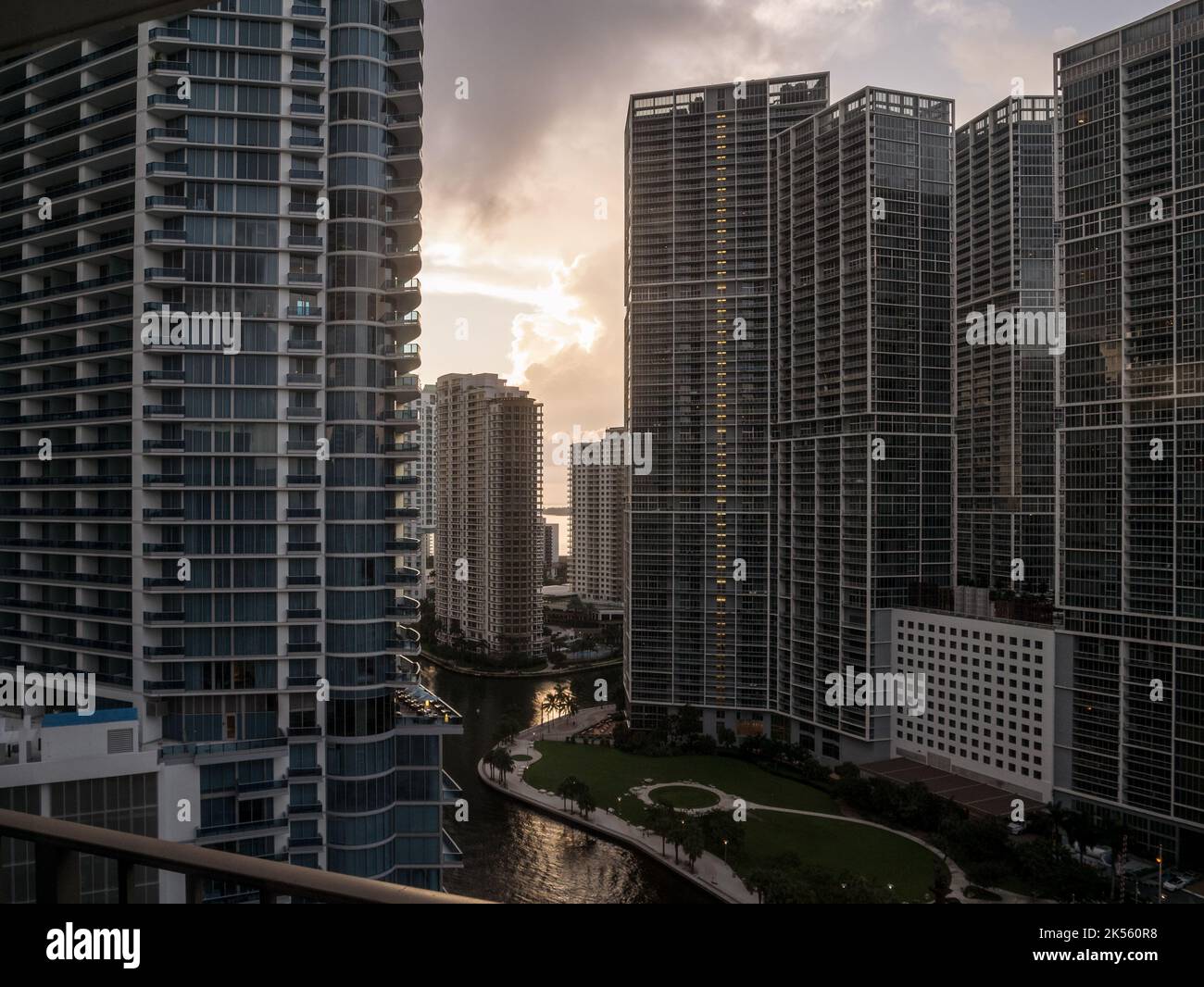 The Downtown Miami at dawn with Highrises, waterways, and the historic ...