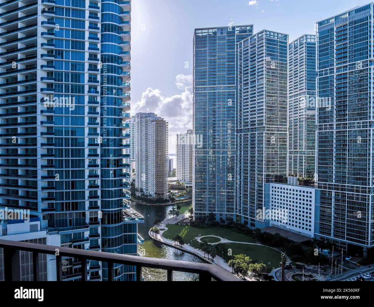 The Downtown Miami in the morning with Blue-tinted highrises with blue ...