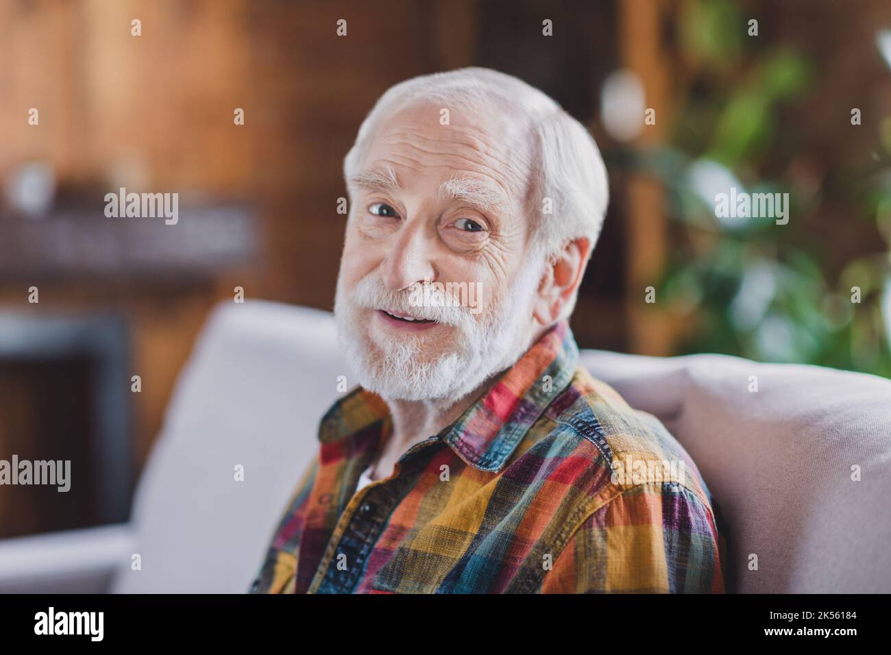 Close up photo of handsome grandparent grey hair kindly smile chatting ...