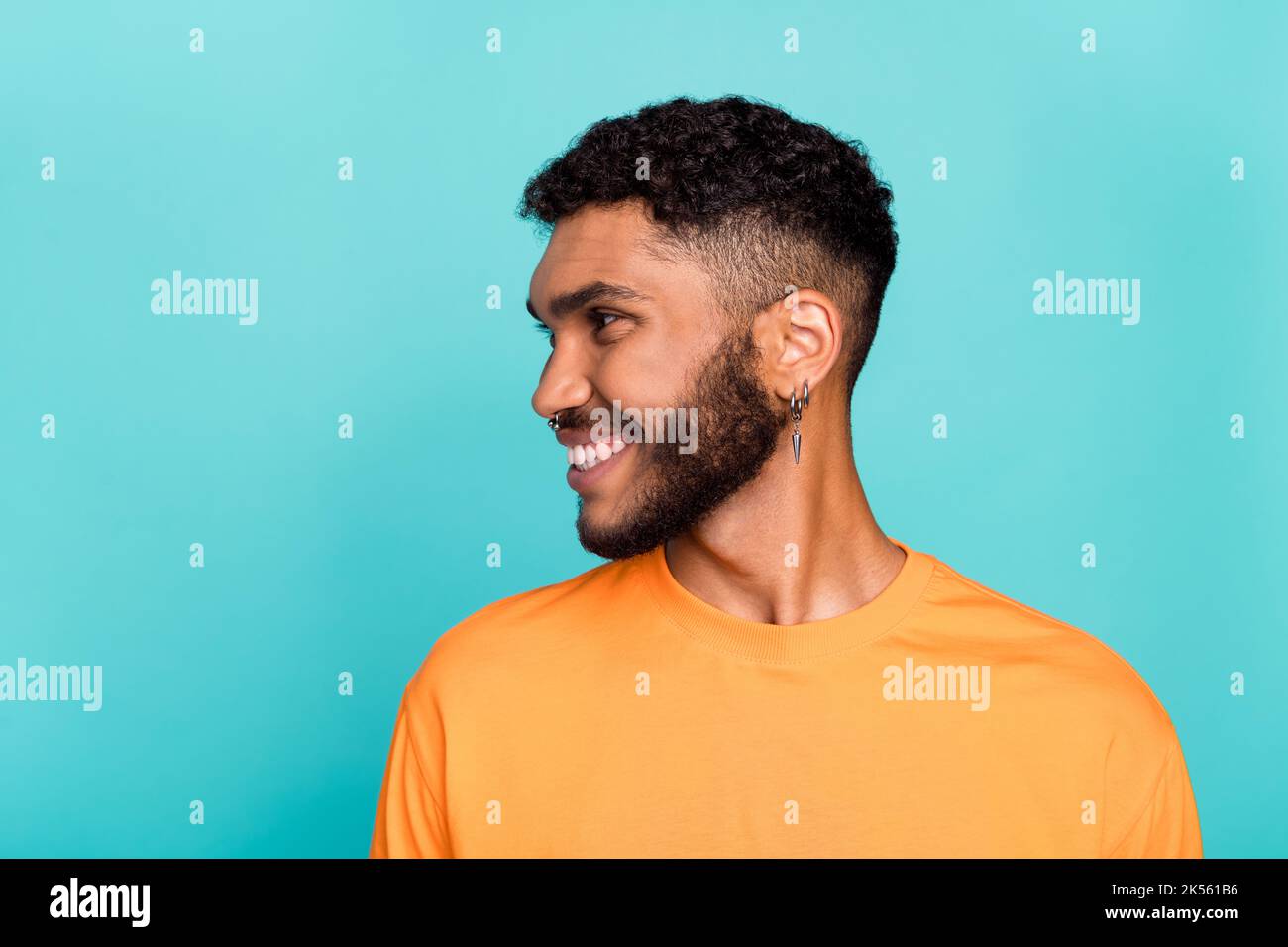 Close up profile side photo of nice cool dude boy dressed orange ...