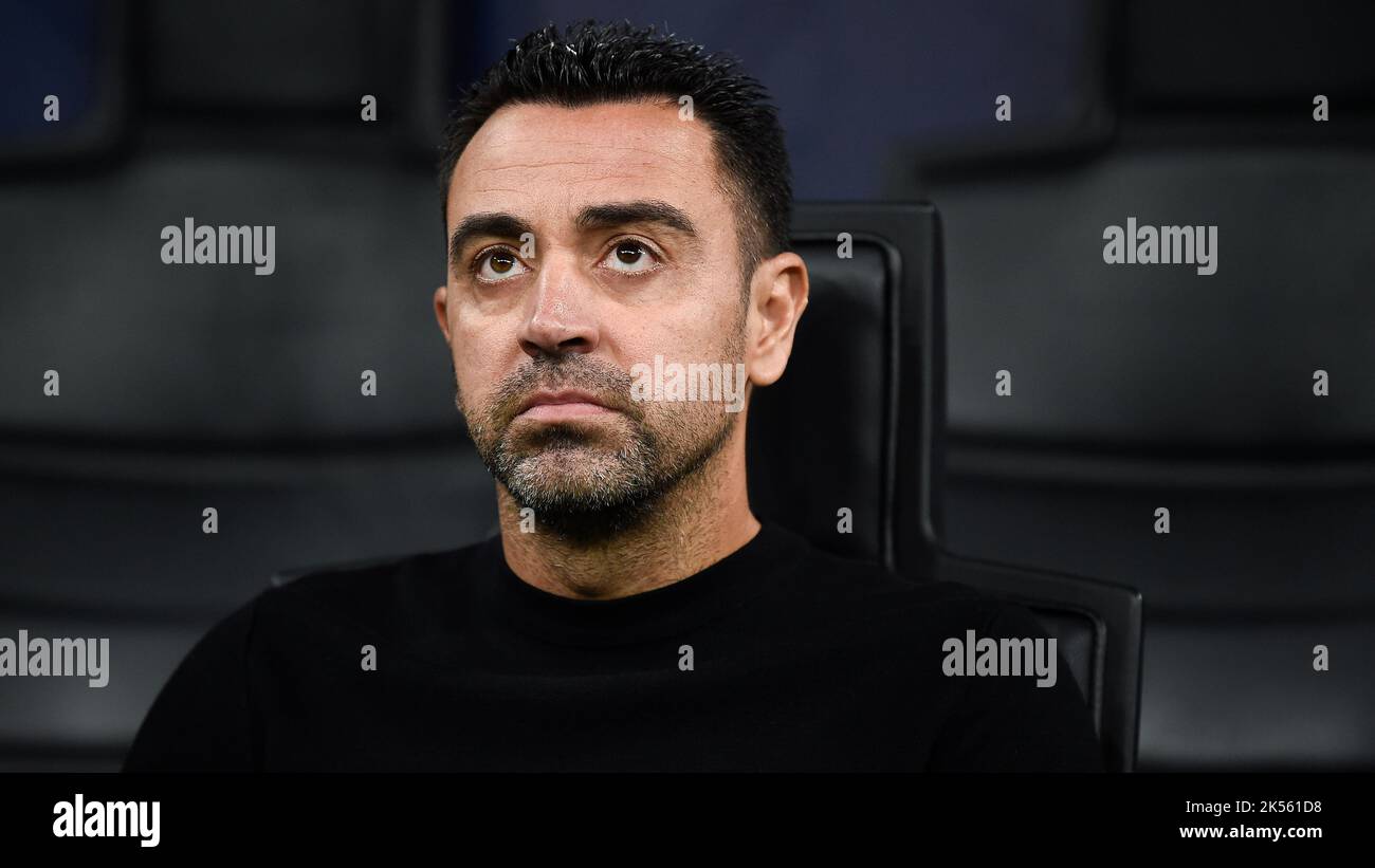 Milan, Italy. 04 October 2022. Xavi, head coach of FC Barcelona, looks ...