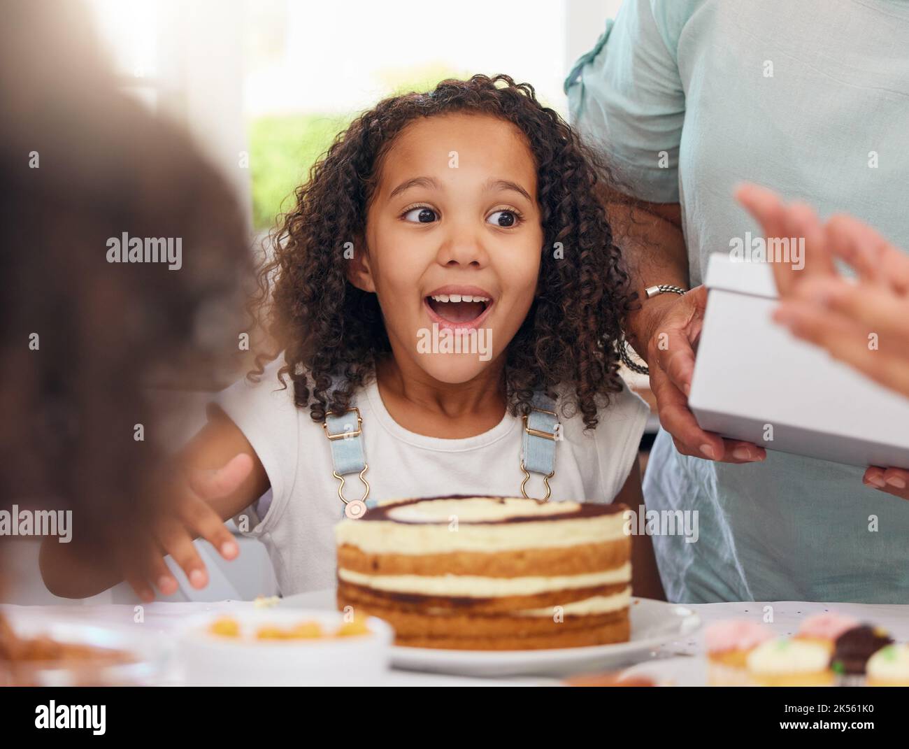 Wow, party and birthday cake with girl surprise, happy and excited in ...