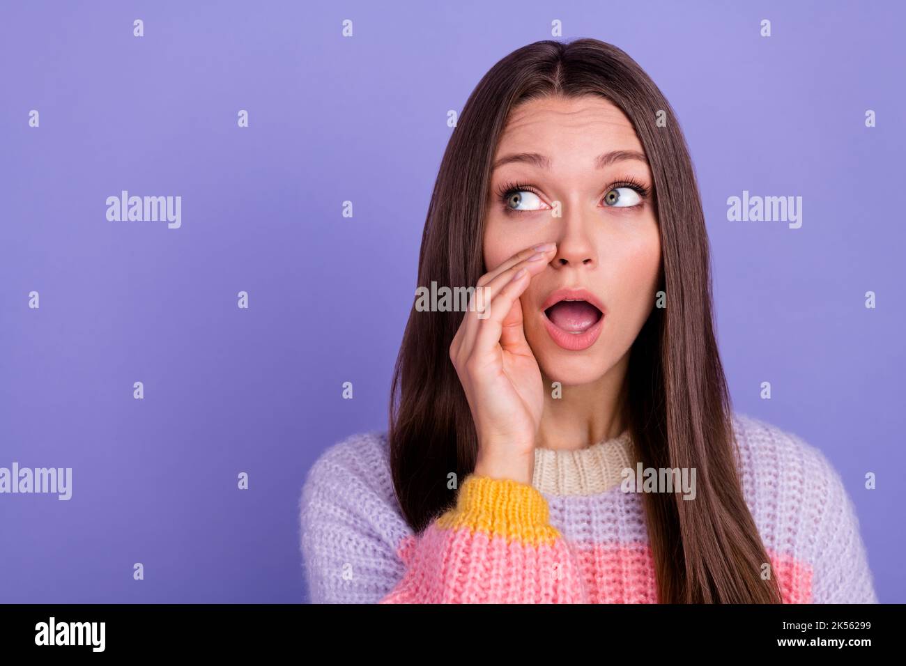 Photo of nice pretty girl with straight hairdo wear colored pullover ...