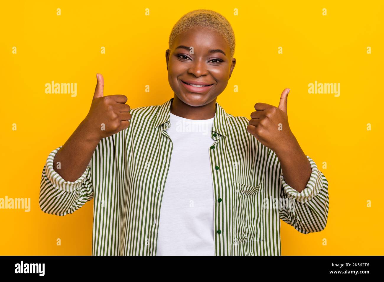 Photo of positive lady hands fingers demonstrate thumbs up yes quality ...