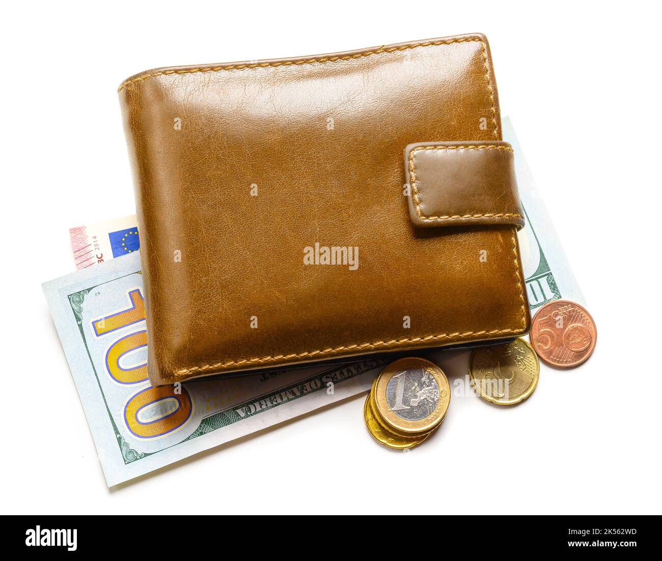 Brown men's leather wallet, banknotes and coins isolated on a white ...