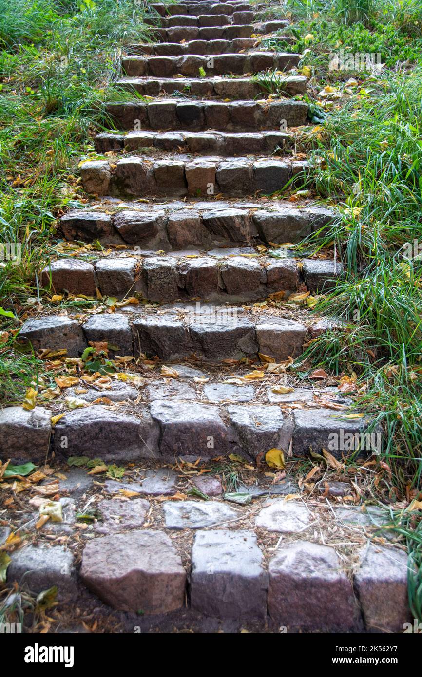 Old stone stairs lead to the top, with green grass Stock Photo - Alamy