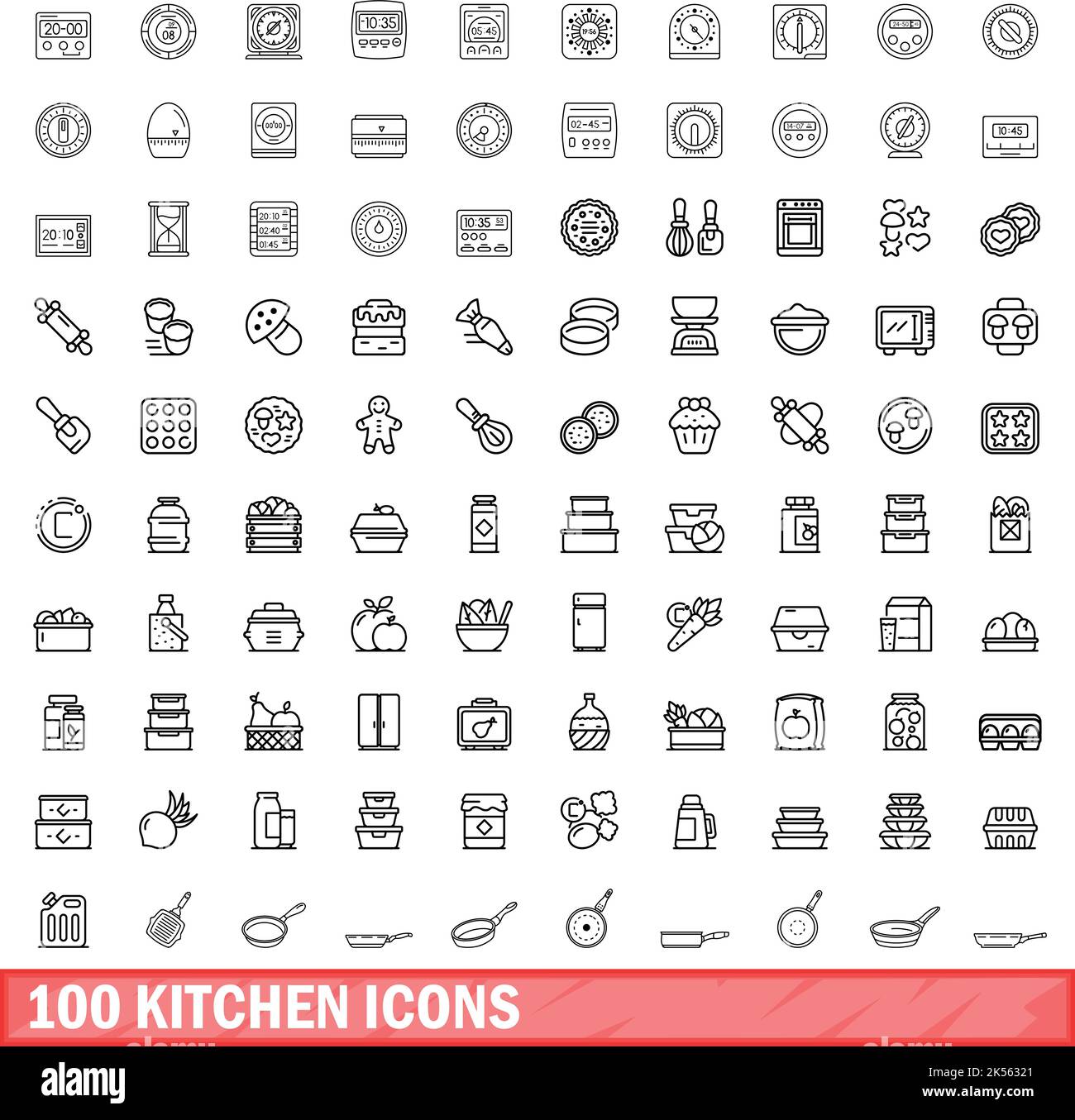 100 kitchen icons set. Outline illustration of 100 kitchen icons vector set isolated on white ...