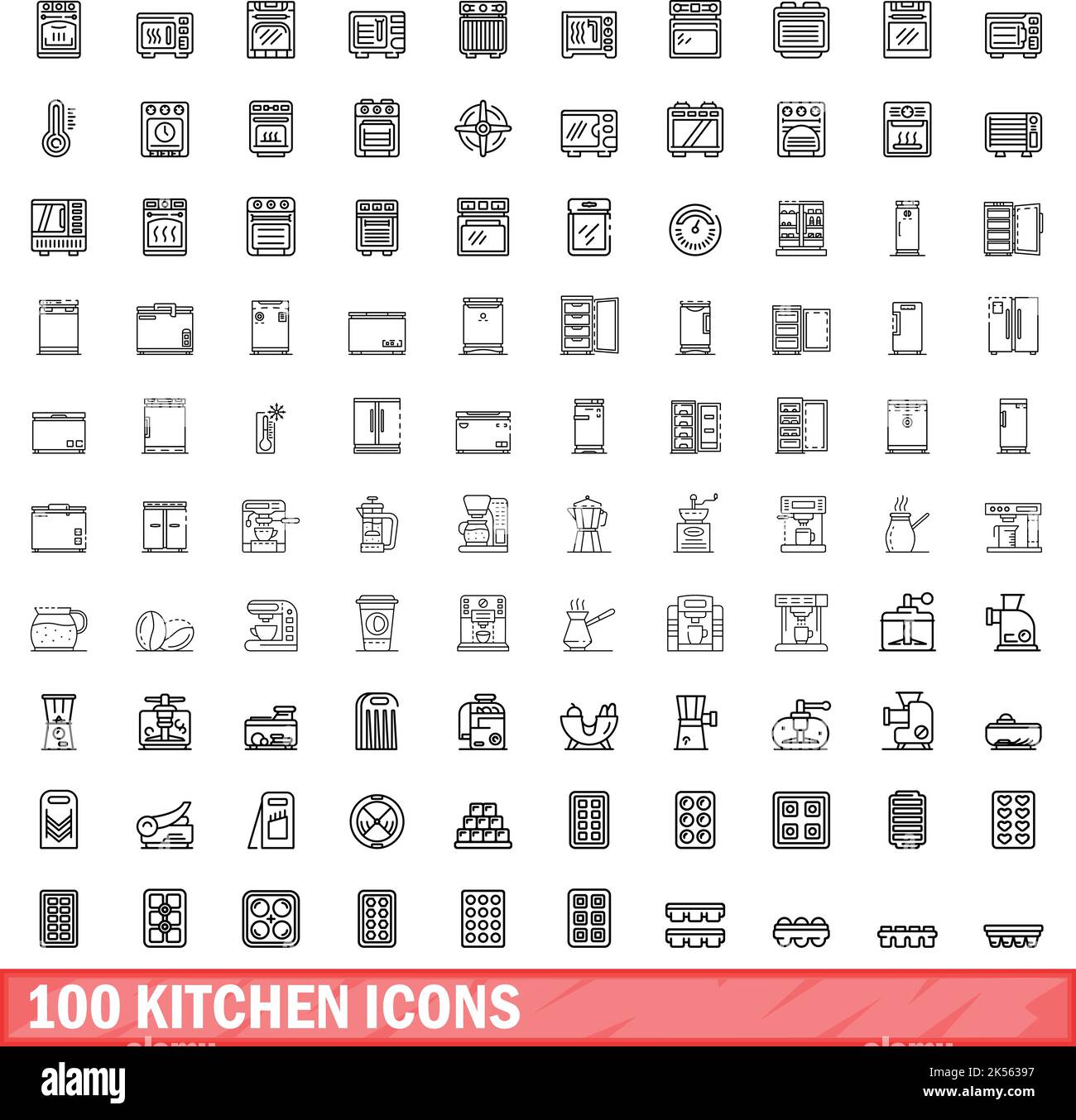 100 kitchen icons set. Outline illustration of 100 kitchen icons vector ...