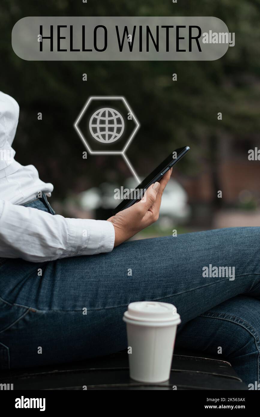 Conceptual display Hello Winter, Conceptual photo coldest season of the year in polar and ...