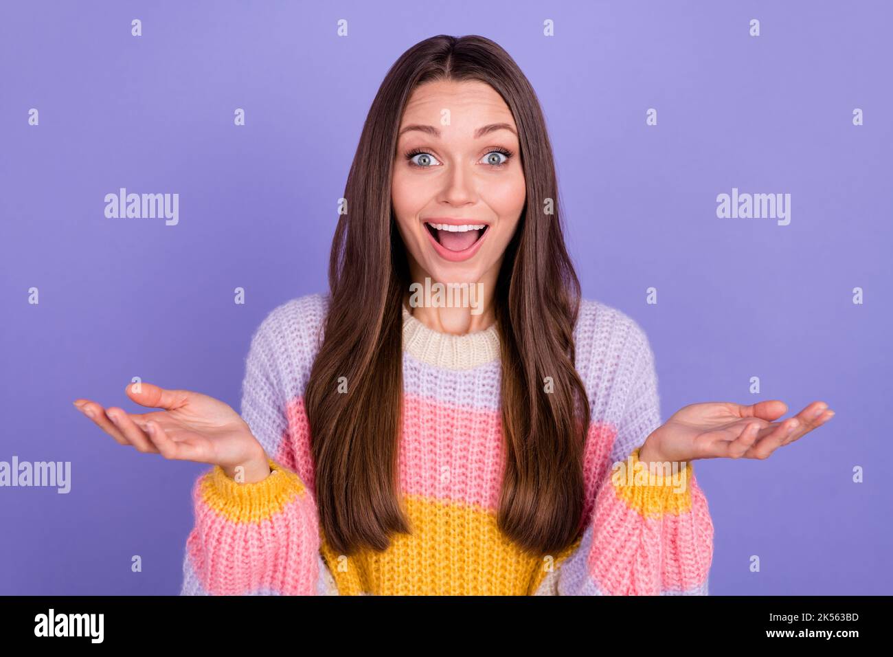 Photo of cute nice pretty girl with long hairdo dressed knit sweater ...