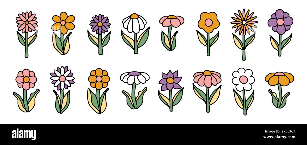 Collection of simple blooming flowers in 1970s psychedelic hippie style ...