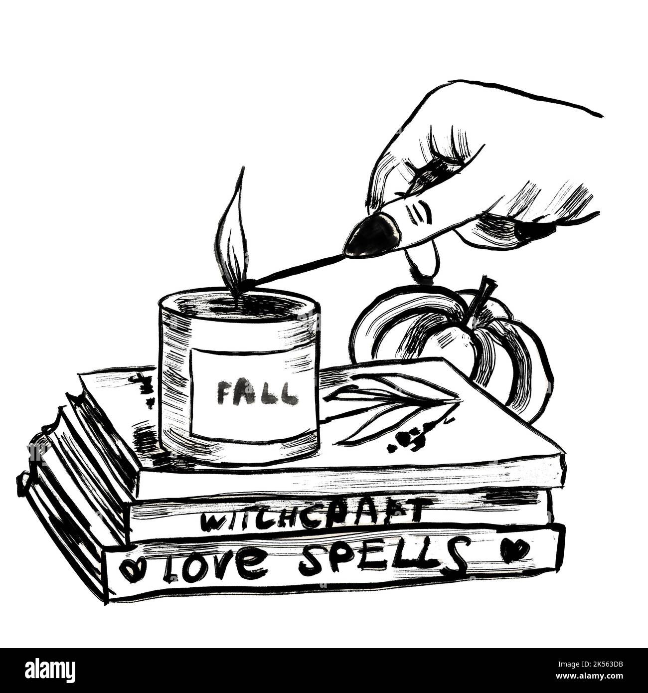 Hand drawn illsutration of witch hand with candle witchcraft books love ...